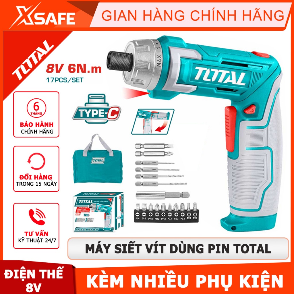 Máy siết vít dùng pin 8V TOTAL TSDLI0802 đầu lục giác 1/4", tốc độ ...