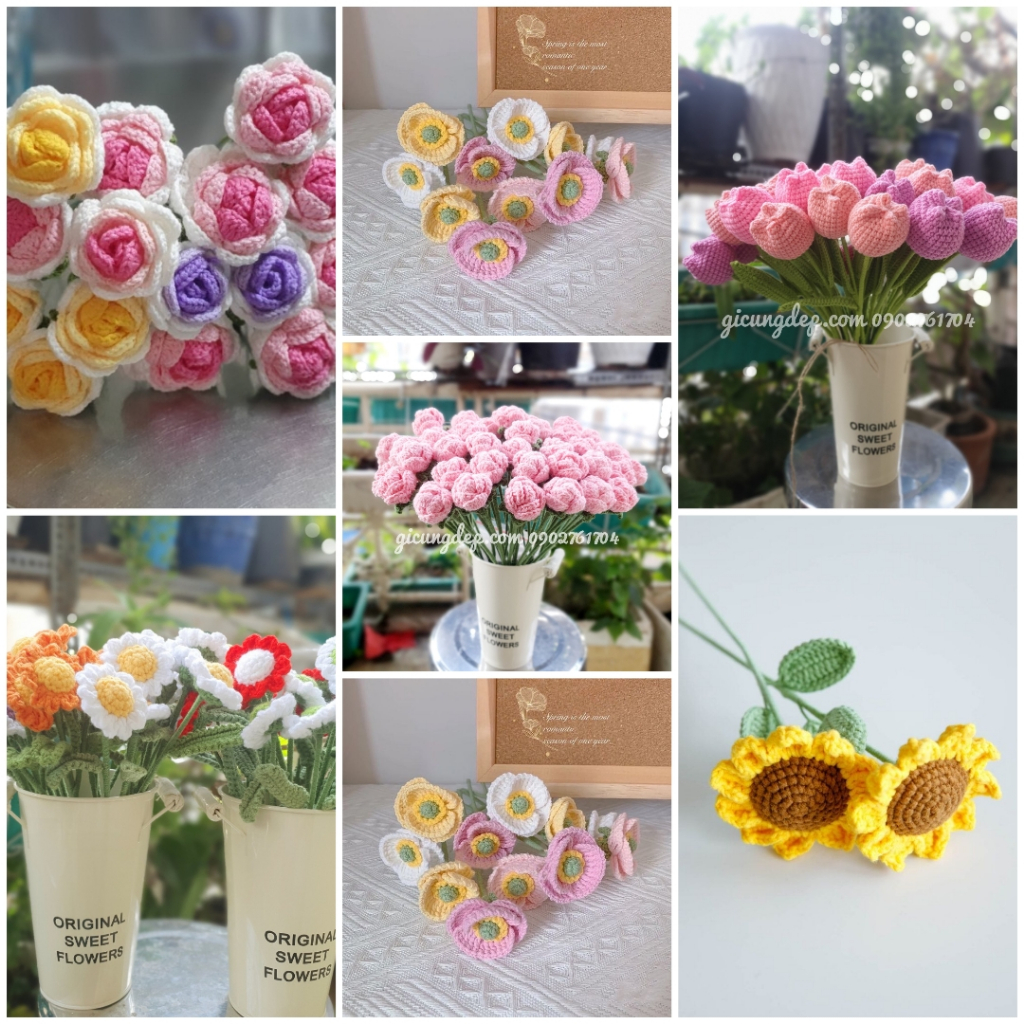 Bó hoa len handmade DIY Hoa hồng, hướng dương, tulip, cúc daisy, anh ...