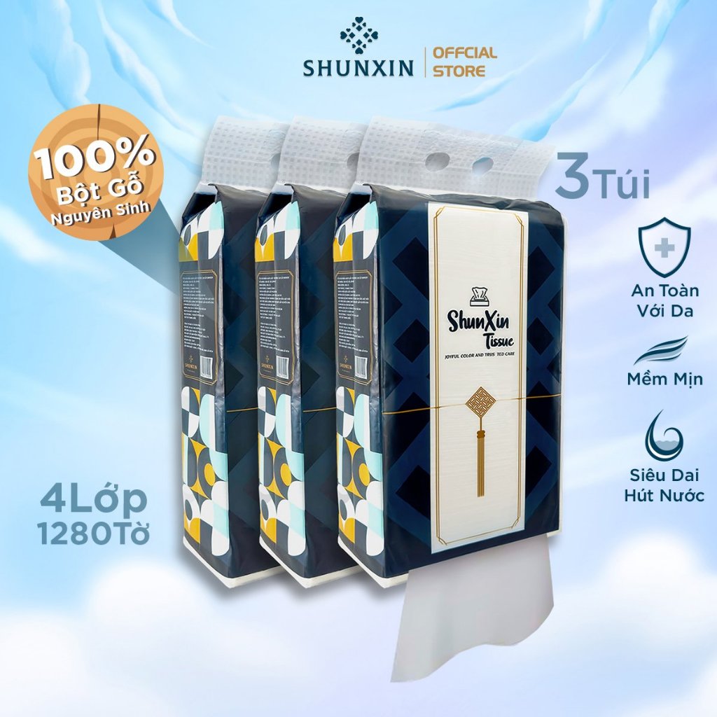 3 Túi khăn giấy rút treo tường cao cấp SHUNXIN 4 lớp 1280 tờ giấy vệ ...