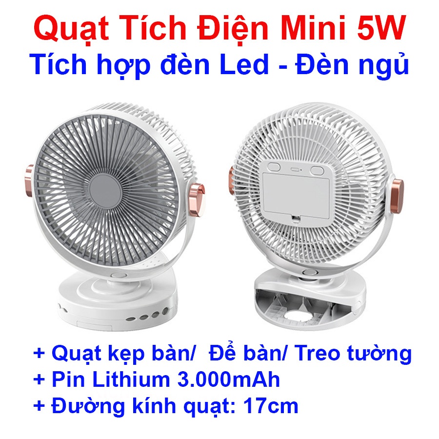 Quạt tích điện mini 5W, 5 tốc độ gió. Quạt kẹp bàn tích điện dung lượng ...