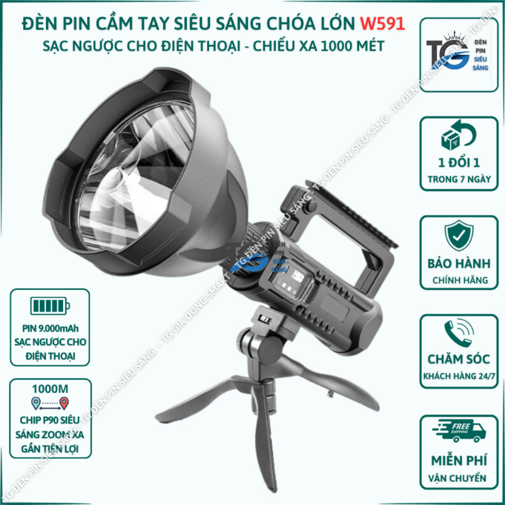 Đèn pin cầm tay siêu sáng chiếu xa 1000m chống thấm nước có chân đế, đèn pin tuần tra W591 ...