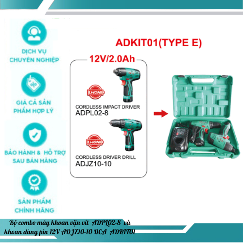 Bộ combo máy khoan vặn vít ADPL02-8 và khoan dùng pin 12V ADJZ10-10 DCA ...