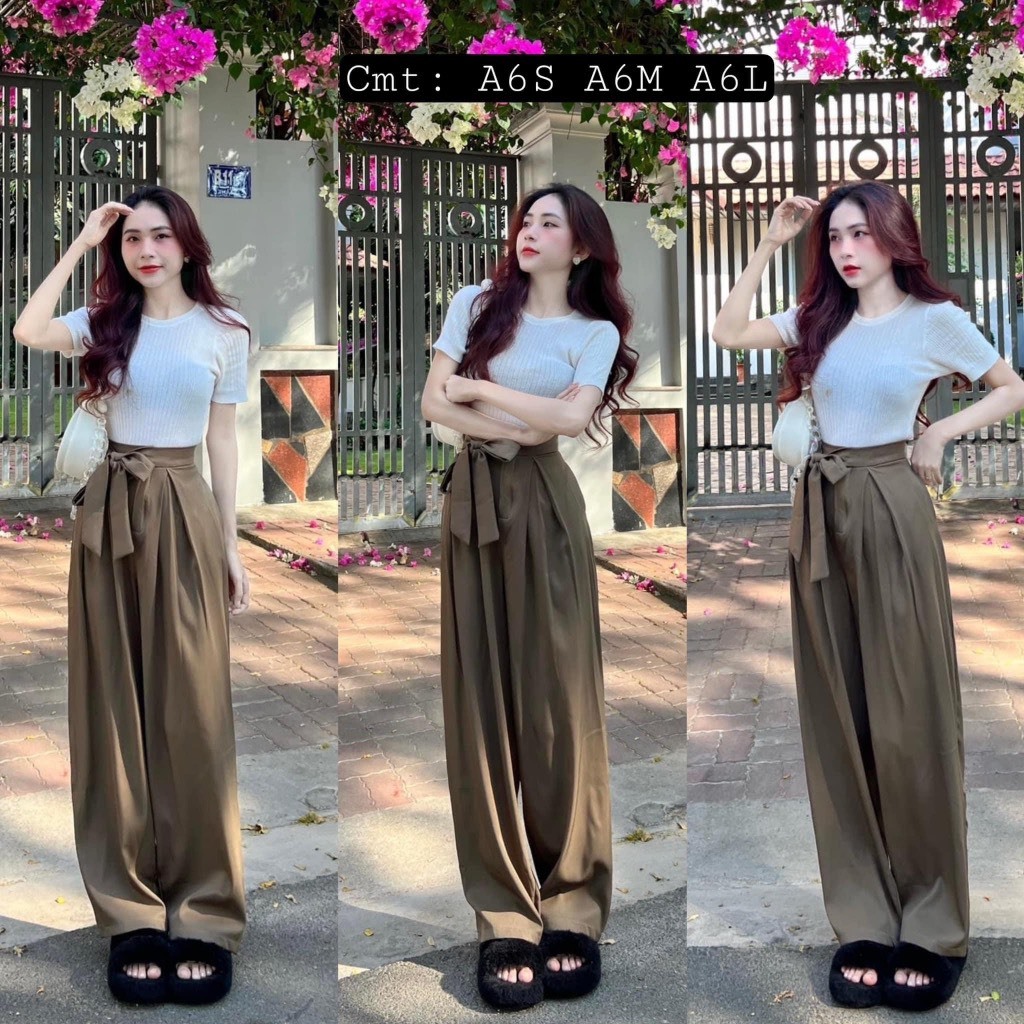 Set áo thun cotton croptop lụa cổ 3p mix quần xám xuông thụng nơ CC05 ...