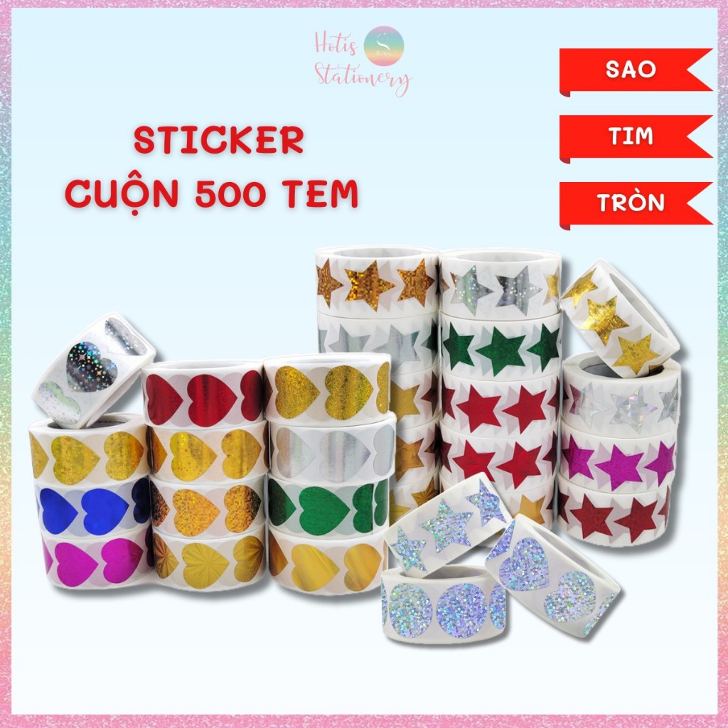 [HOTIS] 41 mẫu - Cuộn 500 tem dán sticker ngôi sao, trái tim, hình tròn ...