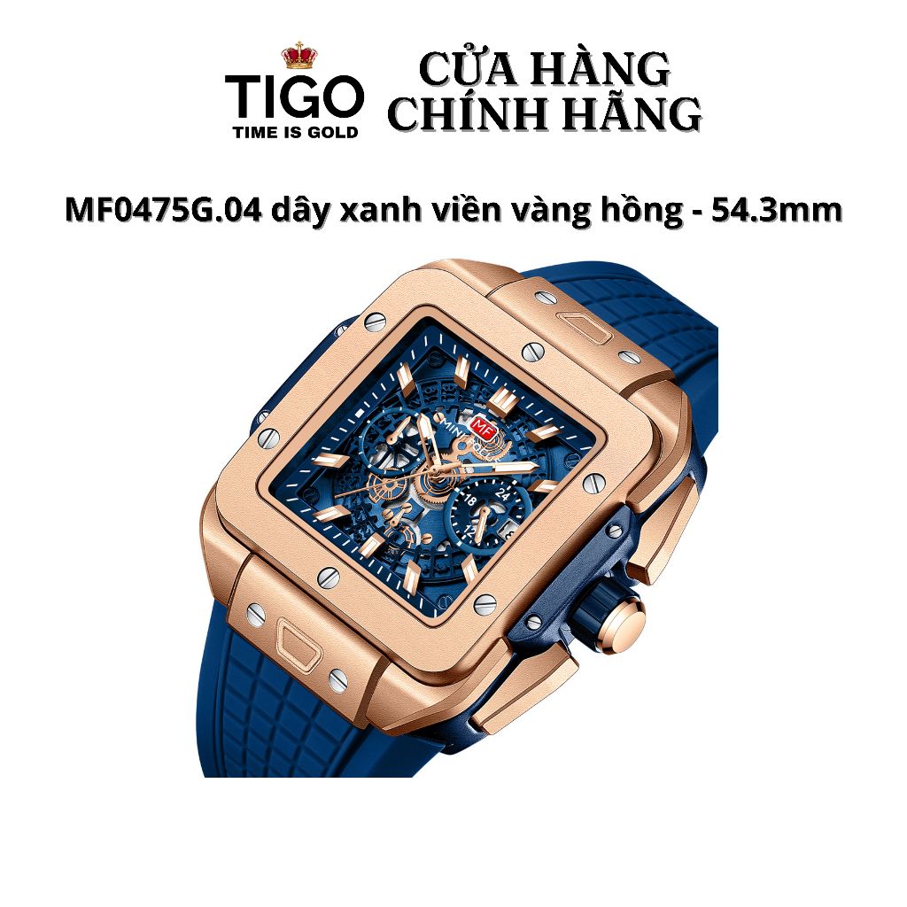 Đồng Hồ Nam MINI FOCUS MF0475G.04 Dây Silicone Xanh Viền Vàng Hồng Thép Không Gỉ Mặt Vuông 45 ...