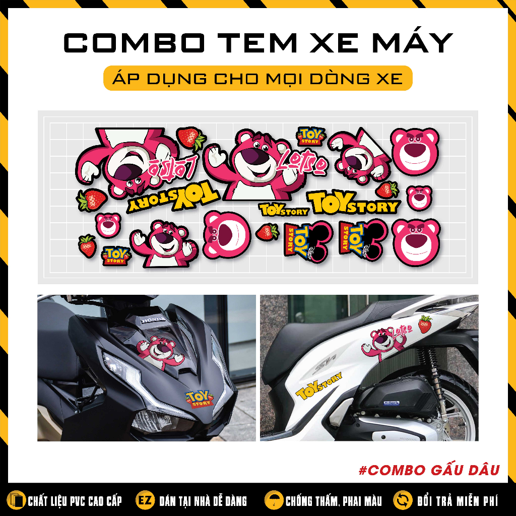 Tem Dán Sticker Gấu Dâu Dán Xe Máy Xe Điện | Tem Lotso Dán SH Vespa SH ...