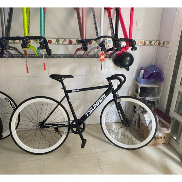 Xe đạp thể thao fixed gear& single speed tsunami đen vành trắng ( KÈM ...