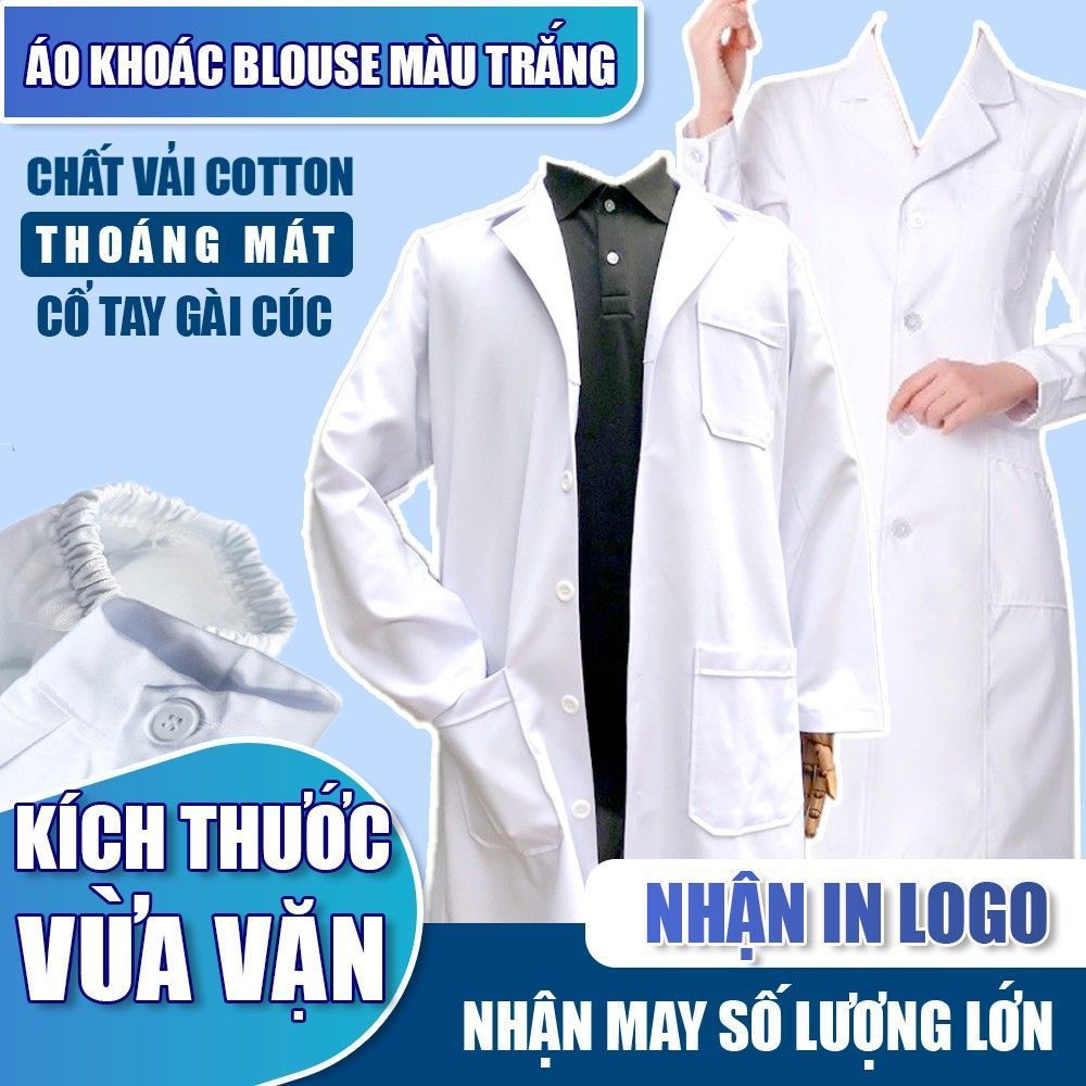 Áo Blouse trắng dáng dài cộc tay áo lab cho bác sĩ, dược sĩ, spa, thẩm ...