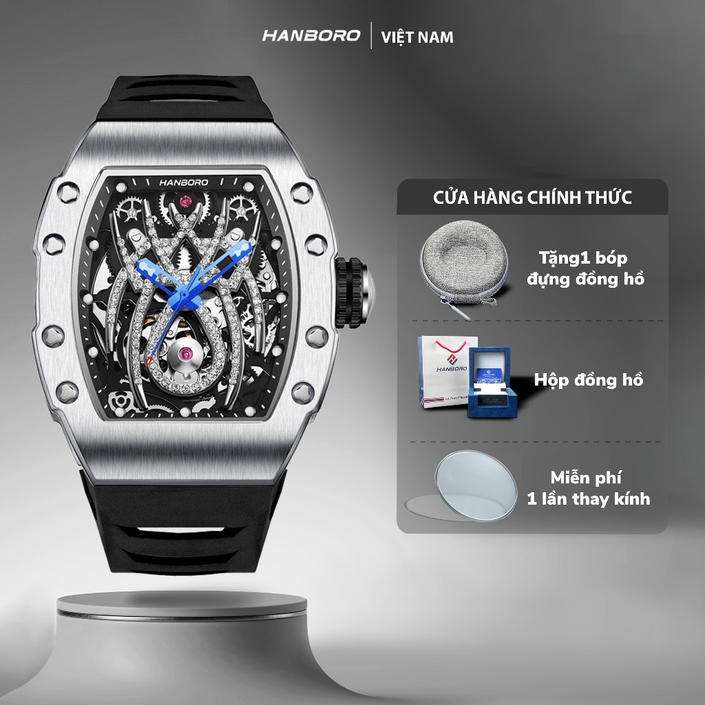 Đồng Hồ Cơ HANBORO NHỆN THÉP TRƠN Chính Hãng 922-1 | Tặng kèm bóp đựng ...