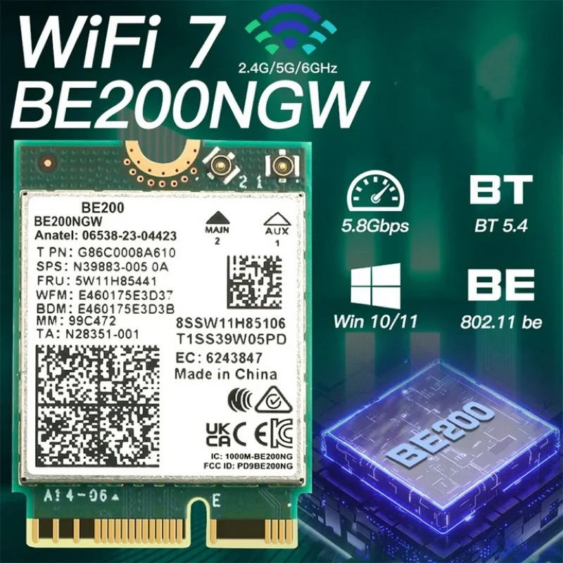 Card wifi 7 intel BE200 Be200ngw hỗ trợ 2.4ghz 5ghz 6ghz kèm Bluetooth 5.4 hỗ trợ wifi 7 chuẩn ...