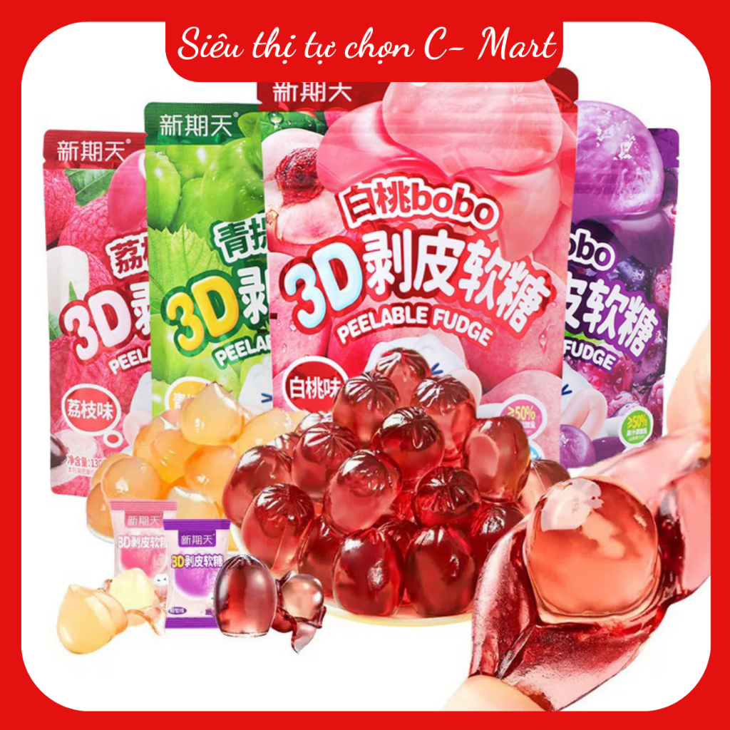 [C-MART] Kẹo trái cây dẻo bóc vỏ BoBo gói 75g 4 vị đào, nho, vải, táo ...