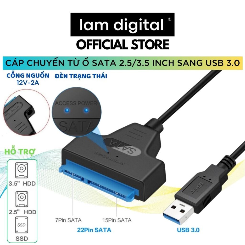 Dây cáp SATA 3 22 pin chuyển đổi USB 3.0 sang SSD HDD SATA 2.5 inch và ...