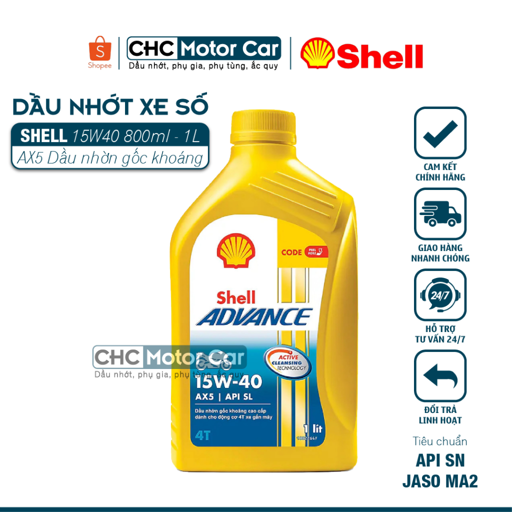 Nhớt Shell Advance AX5 15W40 800ml -1L dành cho xe số, tay côn (Shell ...