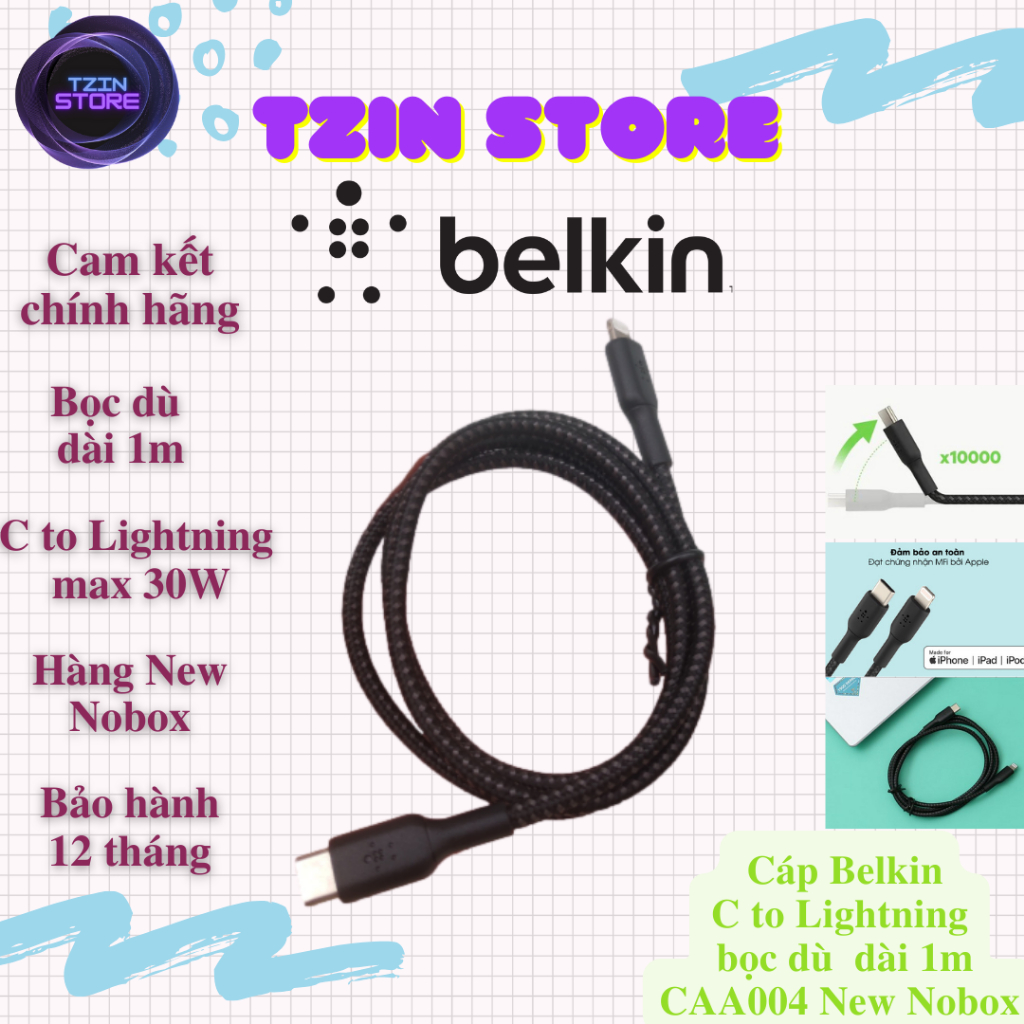 Cáp Belkin bọc dù dài 1m New nobox | Shopee Việt Nam