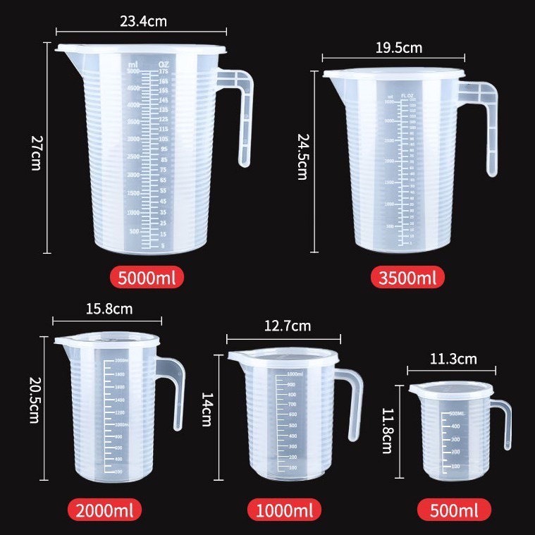 Ca đong định lượng có NẮP ĐẬY, nhựa dẻo chia vạch dày dặn, dung tích 250ML, 500ML, 1000ML ...