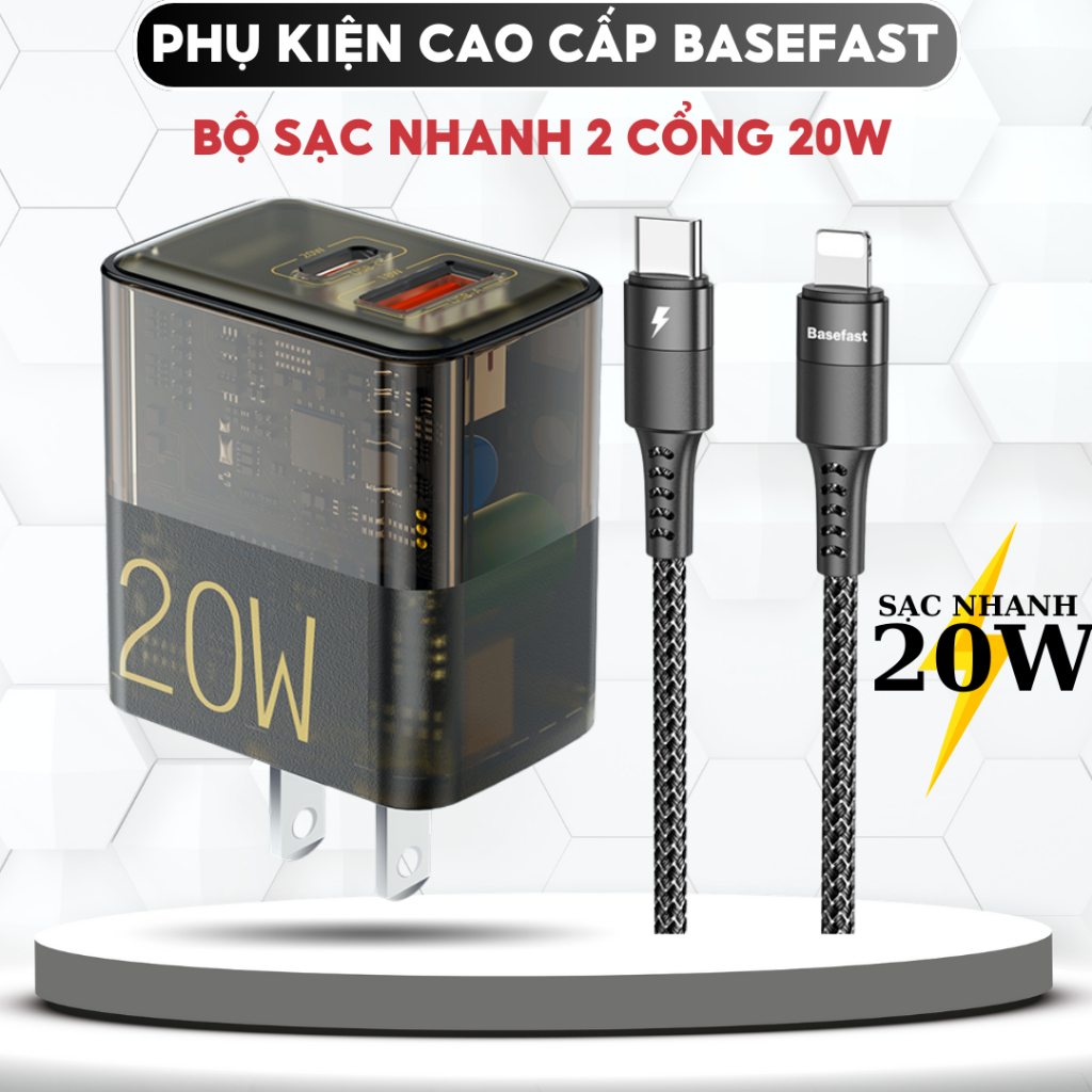 Bộ sạc nhanh 20W 2 cổng Basefast củ sạc pd20W kèm dây dù siêu bền dùng cho ip11 12 13 14promax ...