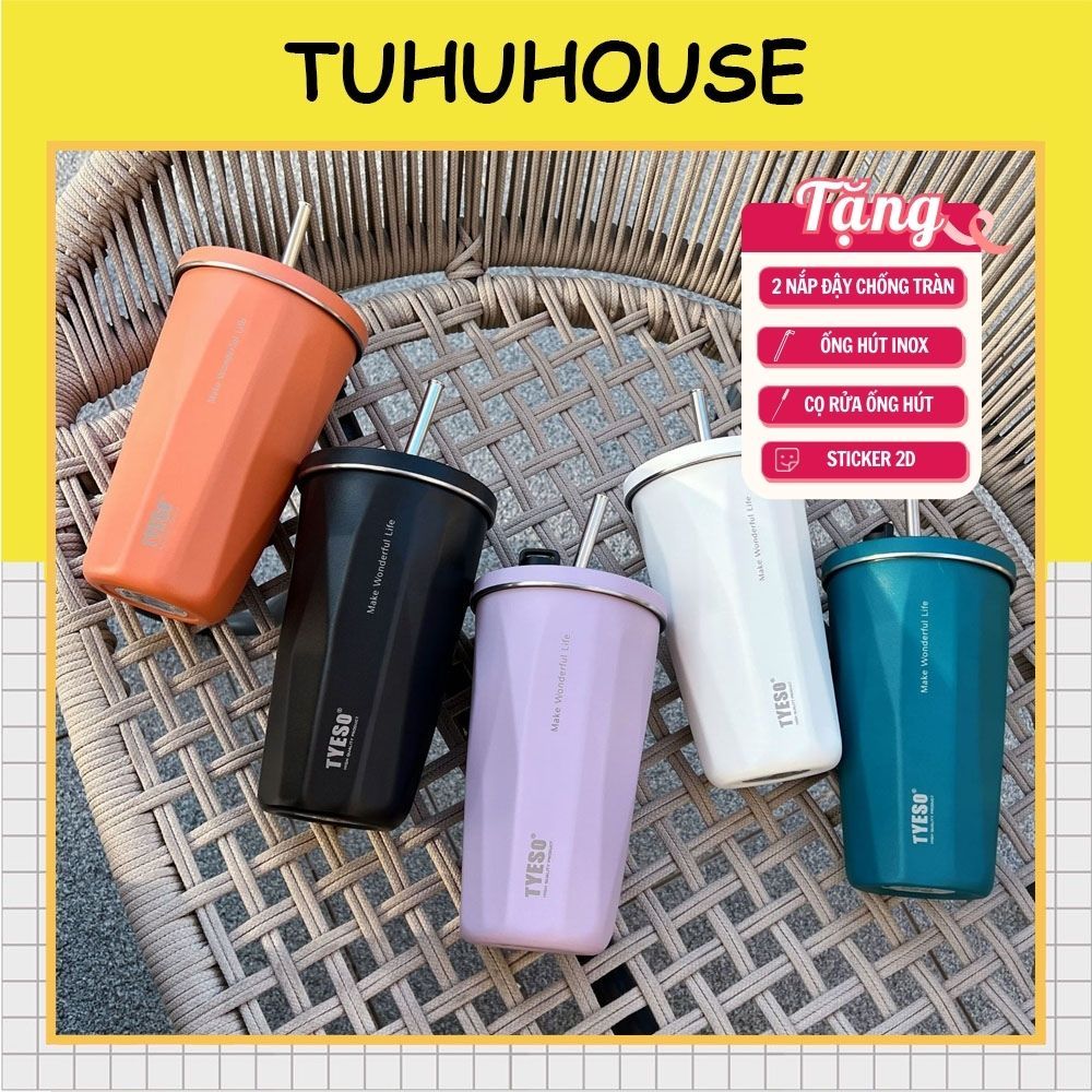 Ly bình giữ nhiệt khắc tên TYESO 600ml inox 304 cao cấp chống gỉ, ly cốc giữ nhiệt có ống hút ...