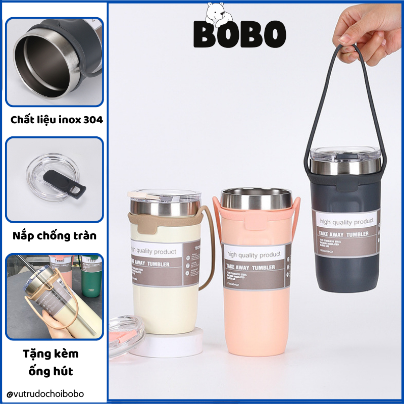 Ly giữ nhiệt TuMi 710ml inox 304 có quai xách giữ nhiệt tốt có lắp đậy kín giữ được 7-9h kèm ống ...
