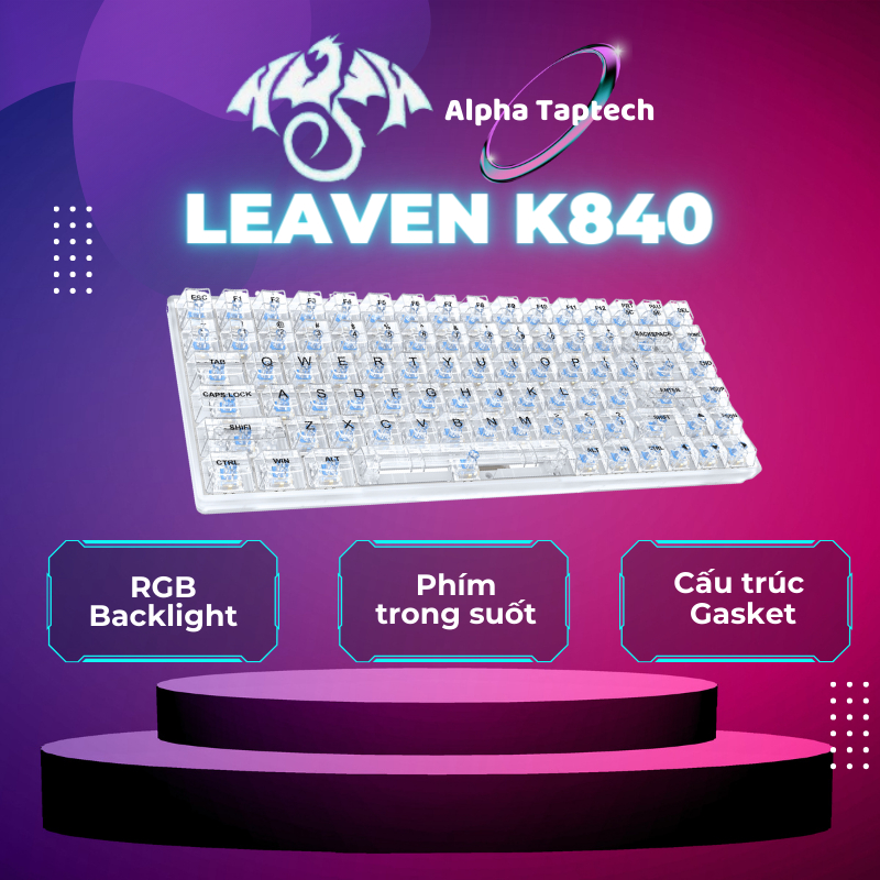 Bàn phím cơ có dây trong suốt Leaven K840 hotswap, 3 loại switch, LED rainbow, double short, 84 ...