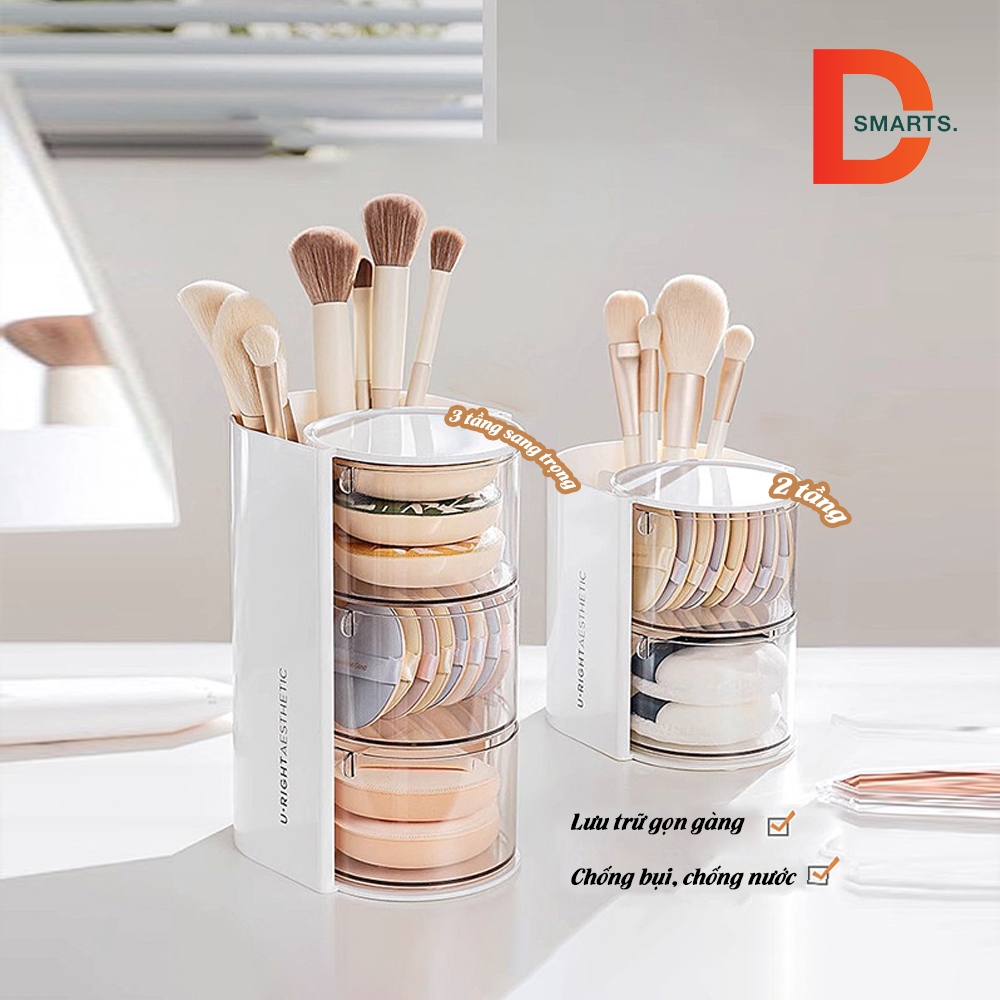 Hộp đựng mỹ phẩm xoay nhiều lớp chống bụi có giá đựng cọ trang điểm ...