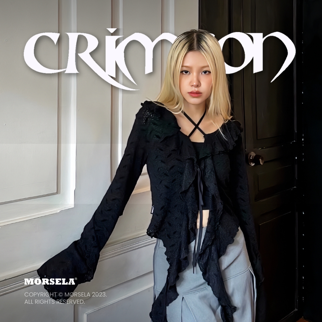 MORSELA® chính hãng - Áo croptop nữ kiểu tay dài CRIMSON phối ren lượn sóng tua rua phong cách ...