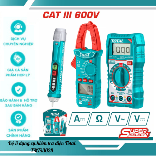 Bộ 3 dụng cụ kiểm tra điện Total TMT43028 | Bao gồm: Ampe kìm , Đồng hồ vạn năng , Bút thử điện ...