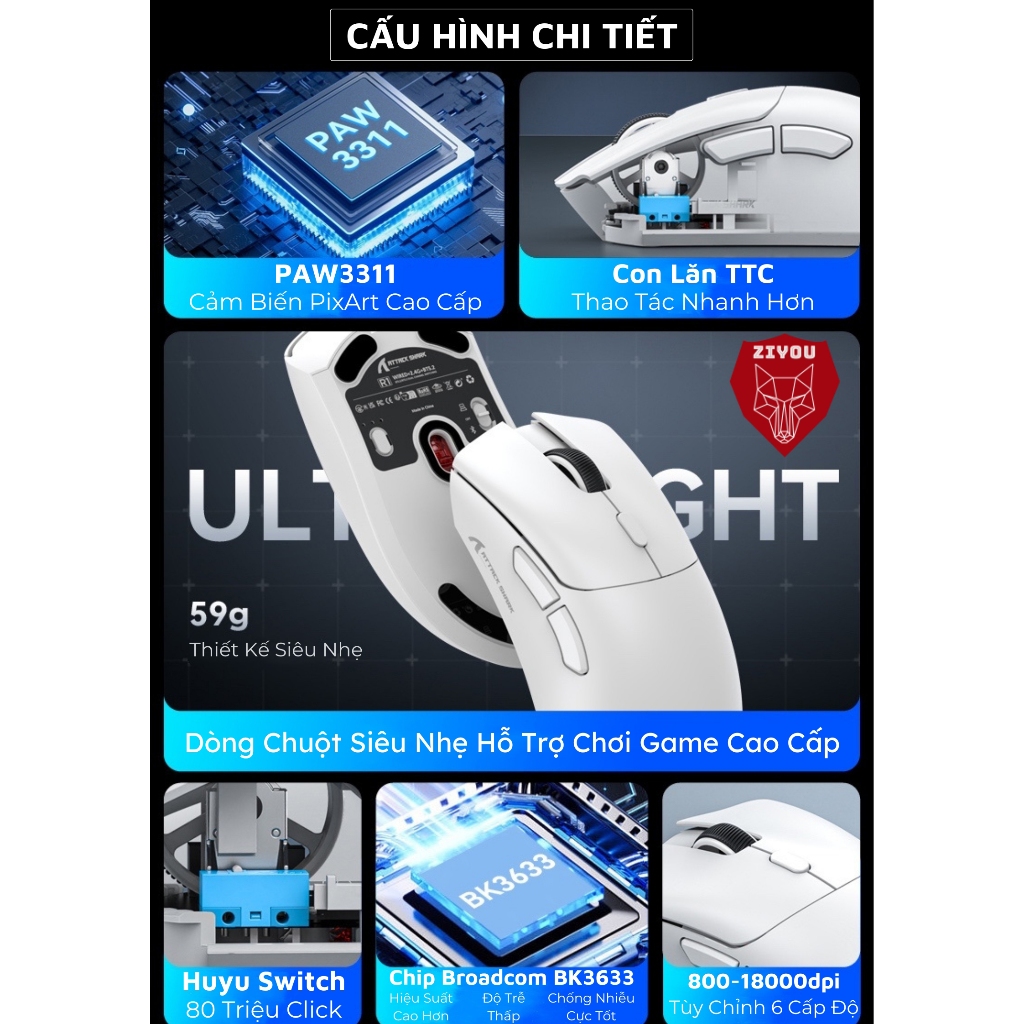 Chuột Gaming Không Dây Ziyou Attack Shark R1 Siêu Nhẹ Chip Paw3311 Có ...