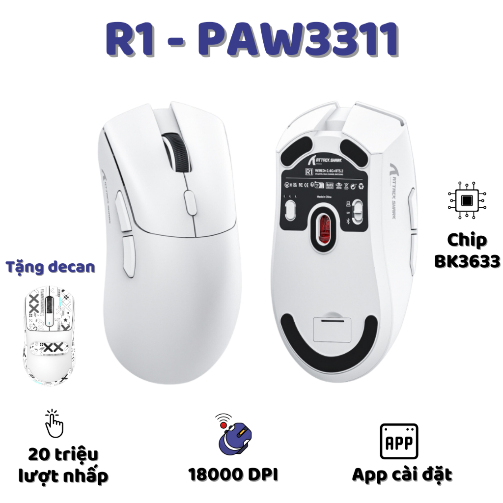 Chuột Gaming Không Dây Ziyou Attack Shark R1 Siêu Nhẹ Chip Paw3311 Có ...