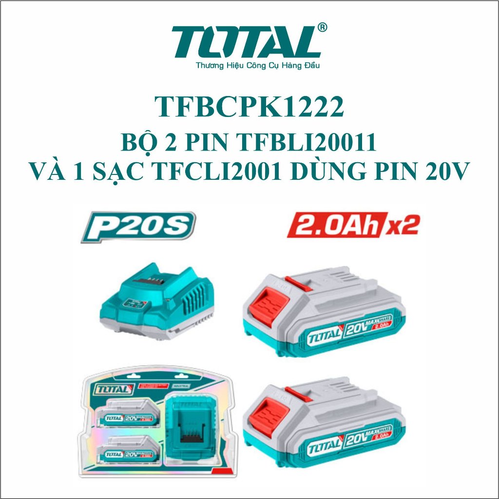 Bộ 2 pin TFBLI20011 và 1 sạc TFCLI2001 dùng pin 20V TOTAL TFBCPK1222 ...