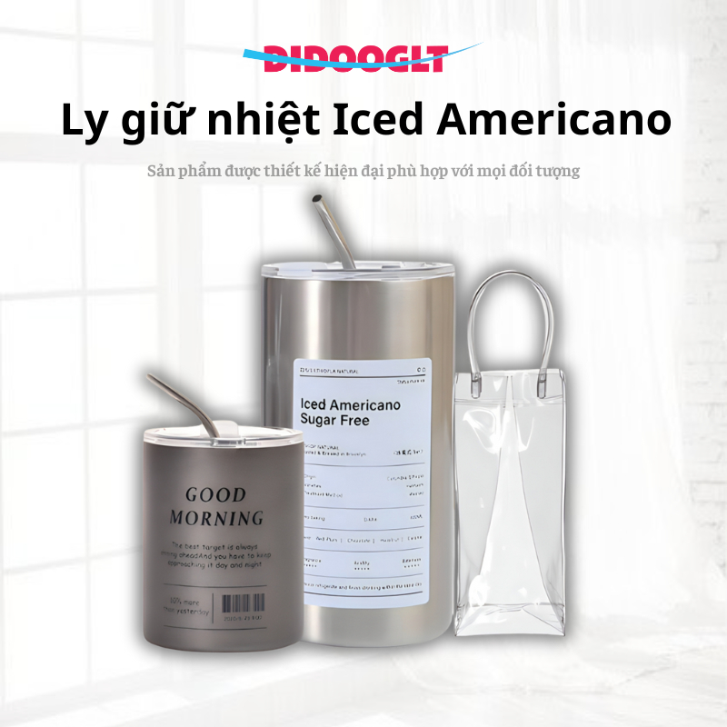 Ly giữ nhiệt Iced Americano, cốc giữ nhiệt dung tích 350/600ml chất liệu inox 304 tặng kèm ống ...