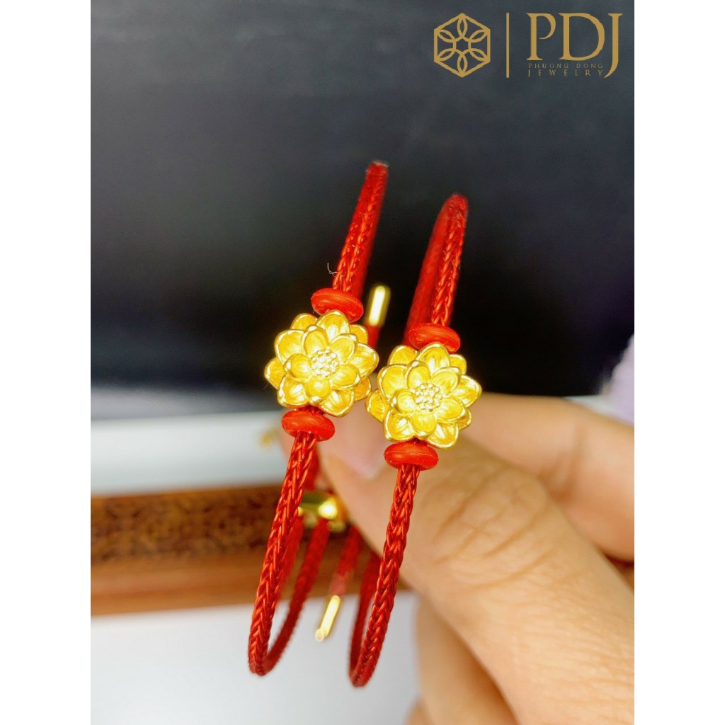 Vòng dây cáp đỏ charm sen, túi tiền, đĩnh vàng, cỏ 4 lá 10k PDJ - Tặng ...