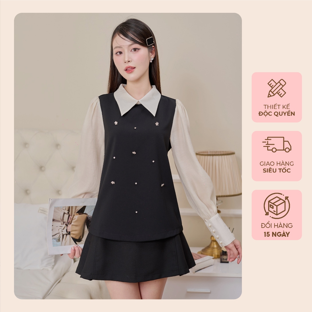 Áo Sơ Mi Nữ Dài Tay Bae Chic Phối Tơ Đính Đá Thân Trước Sang Trọng Mặc ...
