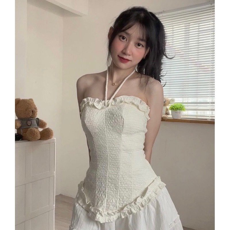Áo tube viền bèo dây nơ vintage nữ m786 | Shopee Việt Nam