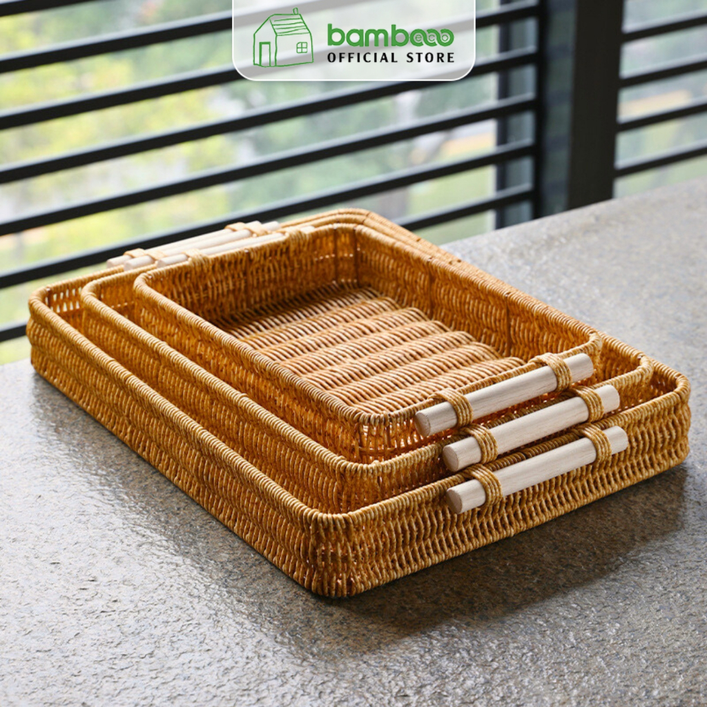 Khay nhựa giả mây BAMBOOO ECO vintage hình chữ nhật đựng hoa quả, decor ...