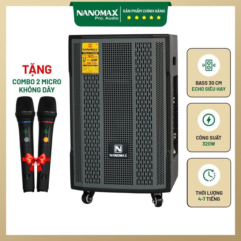 Loa Kéo Nanomax SK-12i New 2024 (Loa 2 đường tiếng, 1 Bass 30cm, 1 treble, 2 Micro UHF karaoke ...