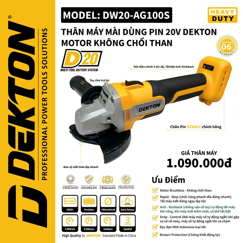 Máy Mài Gốc Dekton Dw20 Ag100s Dùng Pin Chân Pin Dewalt Antikickback