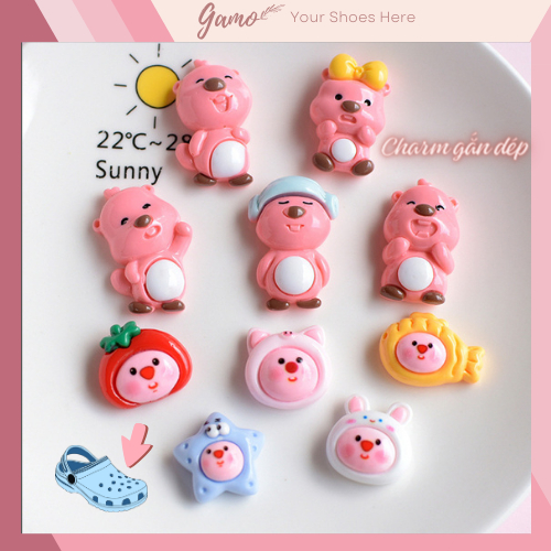 Bộ 14 Sticker, Charm 3D chủ đề heo Loopy DIY Gamo nhựa cứng gắn Dép ...