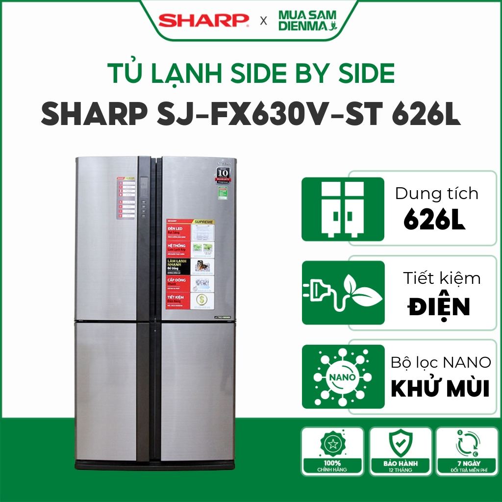 Tủ Lạnh Sharp 4 Cánh 626L SJ-FX631V-SL SJ-FX630V-ST | Tủ lạnh Inverter công nghệ làm lạnh kép ...