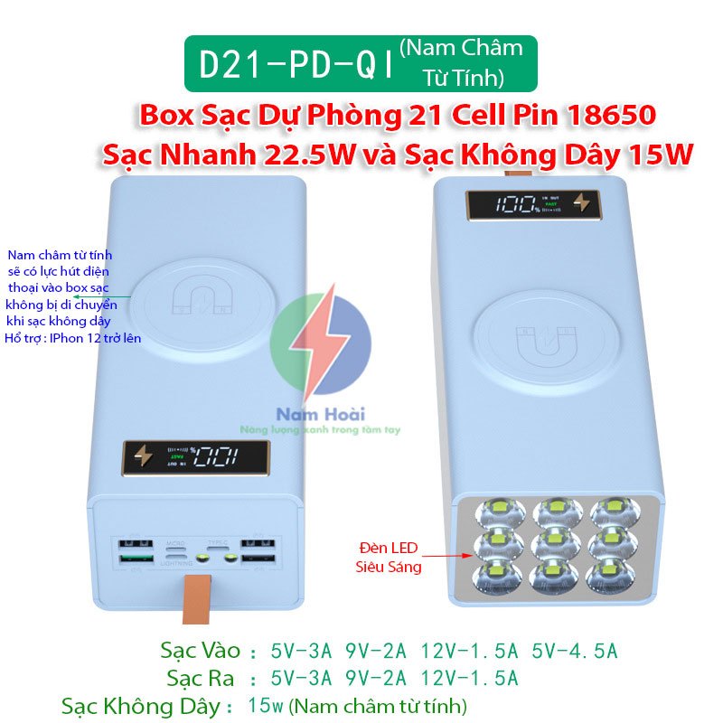 Box sạc dự phòng 21 cell pin 18650 D21 LED Sạc nhanh 22.5W và Sạc nhanh ...