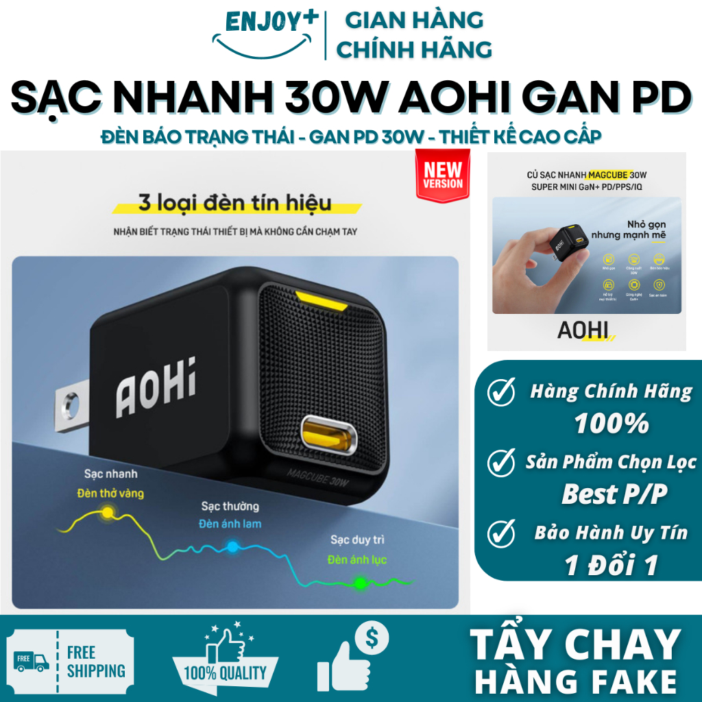 Củ sạc nhanh 30W chuẩn PD GAN siêu nhỏ AOHI MAGCUBE AOC-C001 có đèn báo 3 giai đoạn sạc hỗ trợ ...
