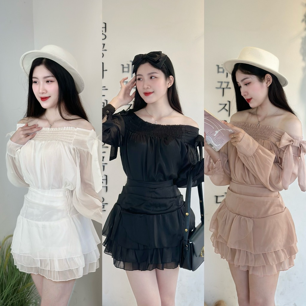 Set chân váy áo trễ vai đính nơ phong cách tiểu thư cách điệu _ Anh Thư ...