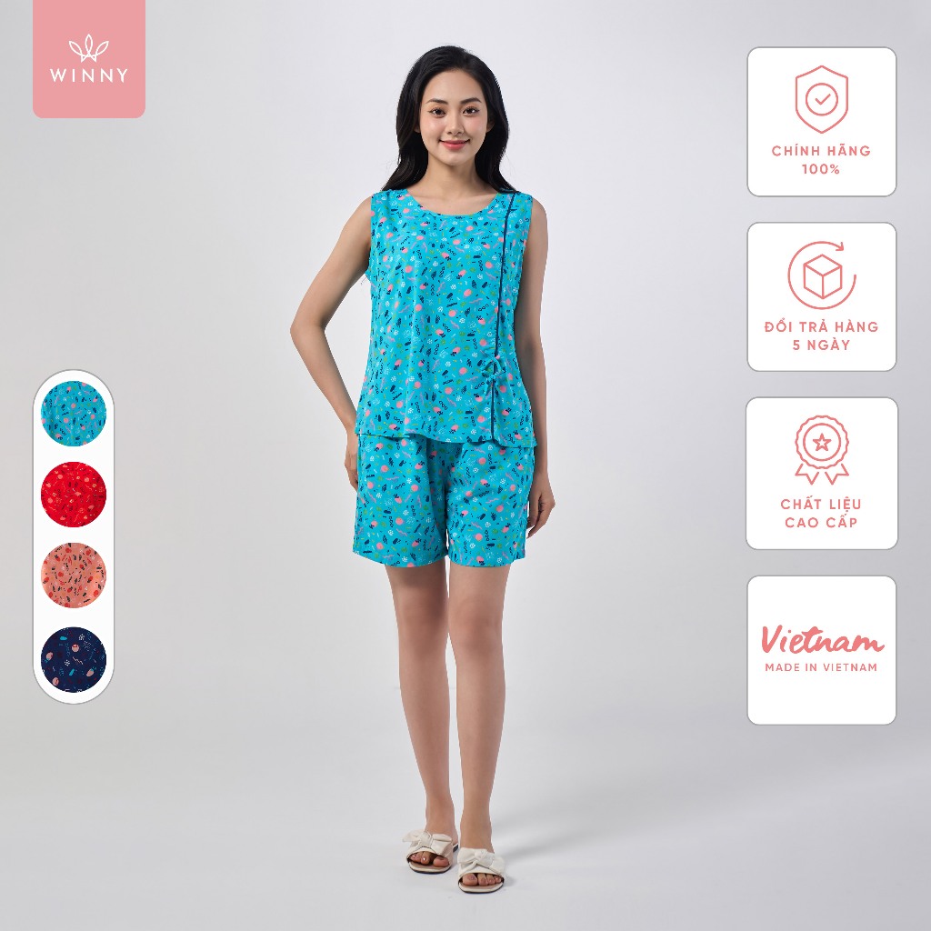 Bộ mặc nhà nữ WINNY kiểu sát nách quần đùi chất lanh mềm mịn thấm hút nhanh khô 2MNLA23024B ...
