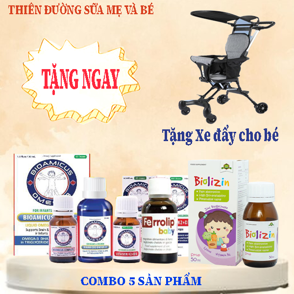 Combo 5 chai gồm BioAmicus DHA 30mL, Men 10 chủng Bioamicus, D3K2 ...