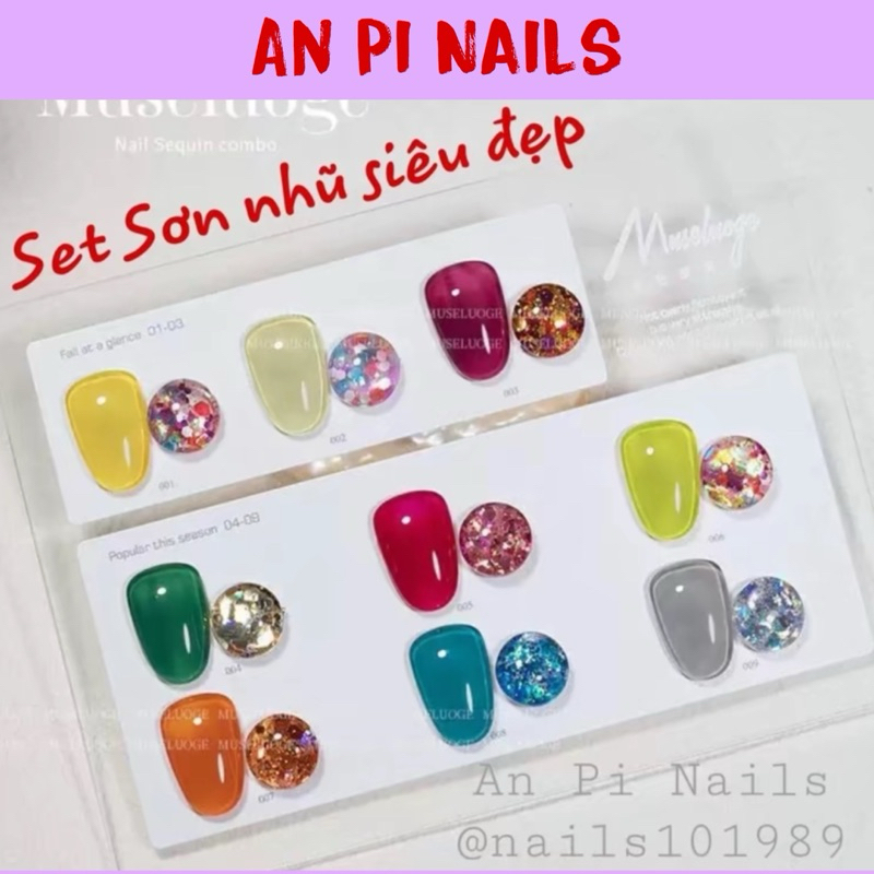 Bộ 9 Set sơn gel kèm nhũ Museluoge tặng kèm bảng màu, cọ bản, An Pi ...
