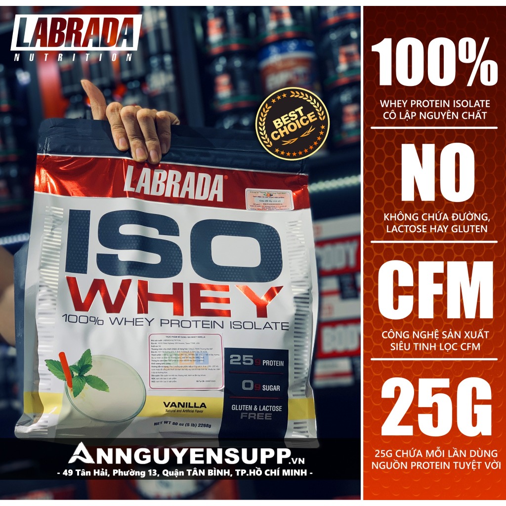 [Chính hãng BBT] LABRADA ISO WHEY (2.3KG), 25g Whey Protein Isolate 100%, Hỗ Trợ Tăng Cơ, BCAA ...