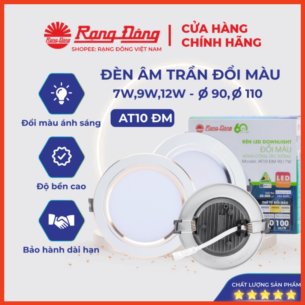 Đèn LED âm trần đổi màu Rạng Đông AT10 ĐM Phi90/110 7W/9W/12W viền Vàng ...