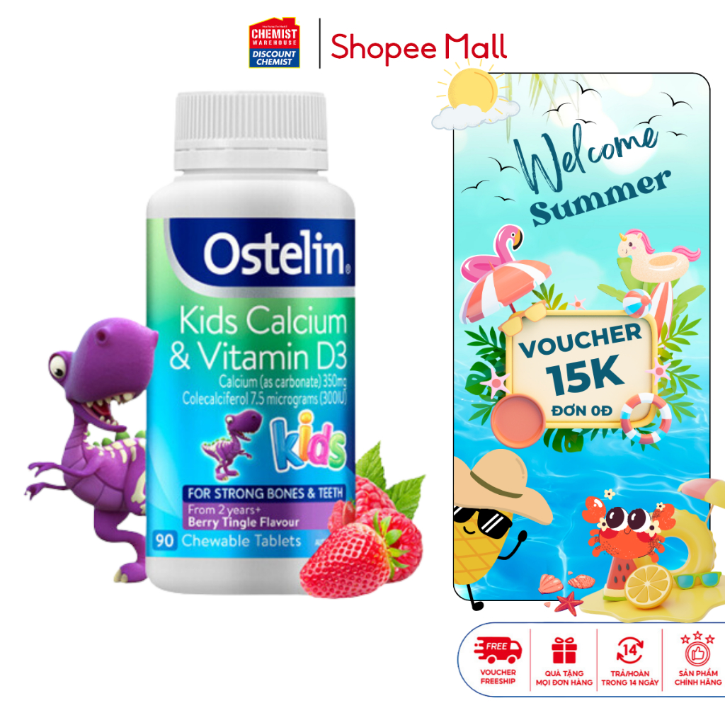Bổ sung Canxi và Vitamin D3 cho bé dạng nhai Ostelin Kids Calcium & Vitamin D3 90 viên tăng ...