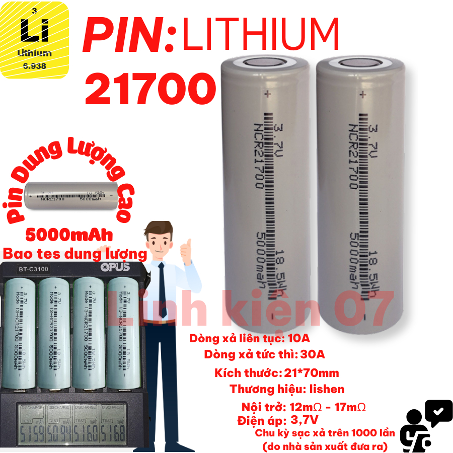 Cell Pin 21700 Chính Hãng Lishen xám 5000mAh, Dòng xả cao 3C-15A -3,7V ...