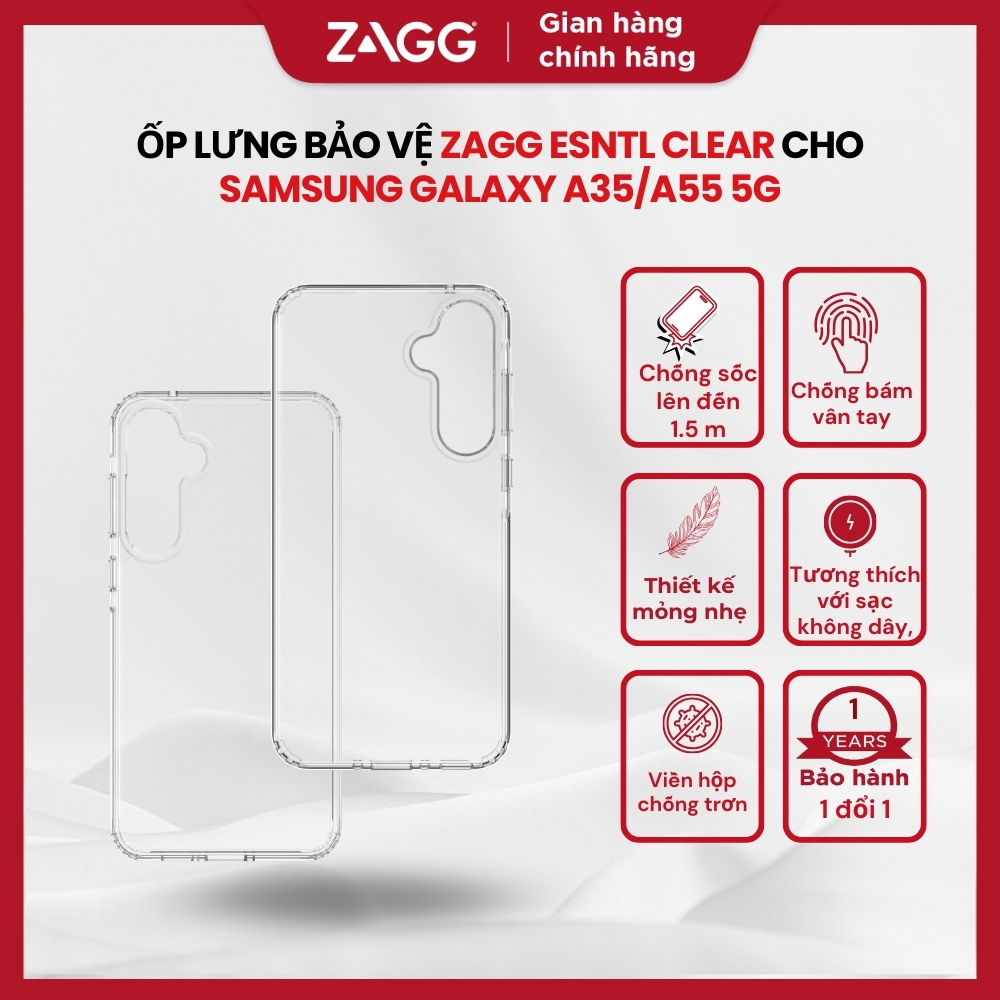 Combo Ốp lưng + Kính ZAGG ESNTL Clear cho Samsung Galaxy A16 / A15 5G / A35/ A55 / M55 5G / S24 ...