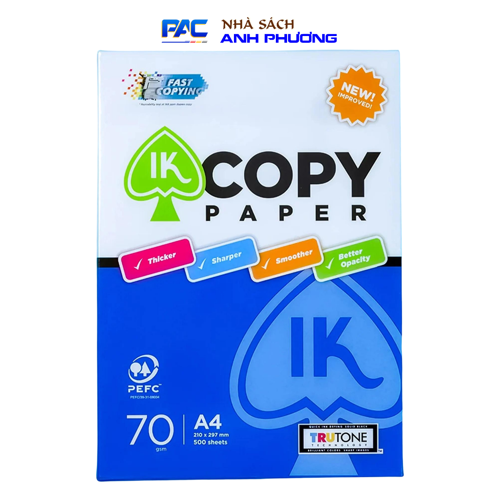 Giấy in A4, giấy photo IK Copy 70 gsm đều màu không gợn sóng, độ dày cao, chữ in không lem nhòe ...
